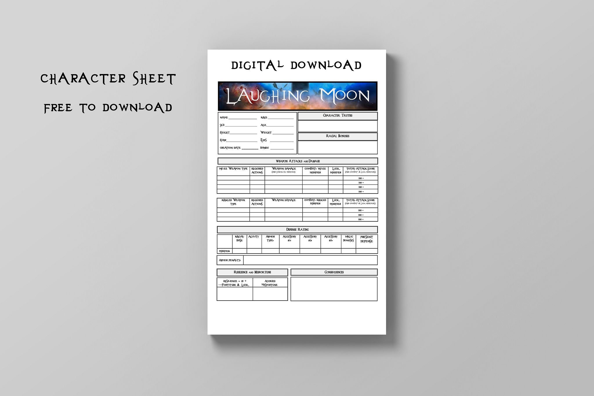 Laughing Moon Adventures Character Sheet PDF (Basic)