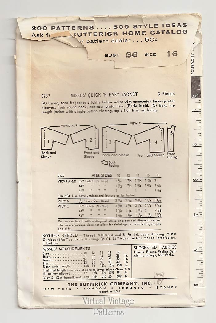 60s Box Jacket Pattern, Butterick 9767 | Virtual Vintage
