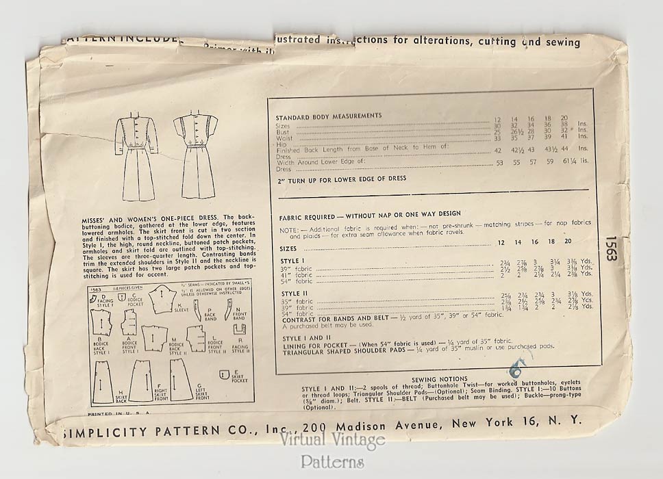 40s Day Dress Pattern, Simplicity 1563 | Virtual Vintage