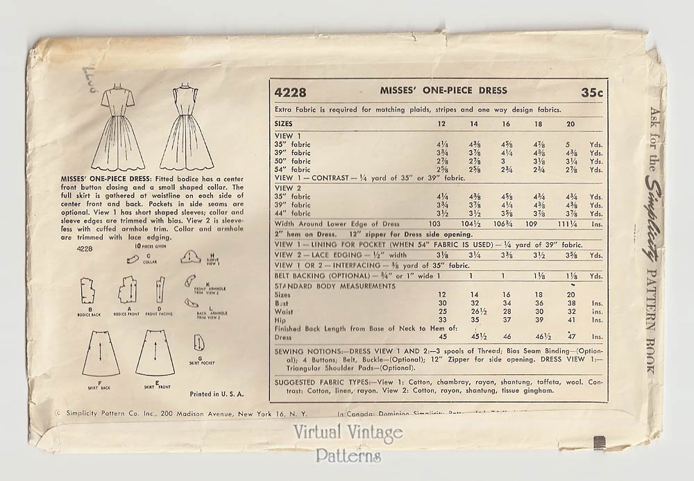 50s Full Skirt Dress Pattern, Simplicity 4228, Vintage Sewing Patterns