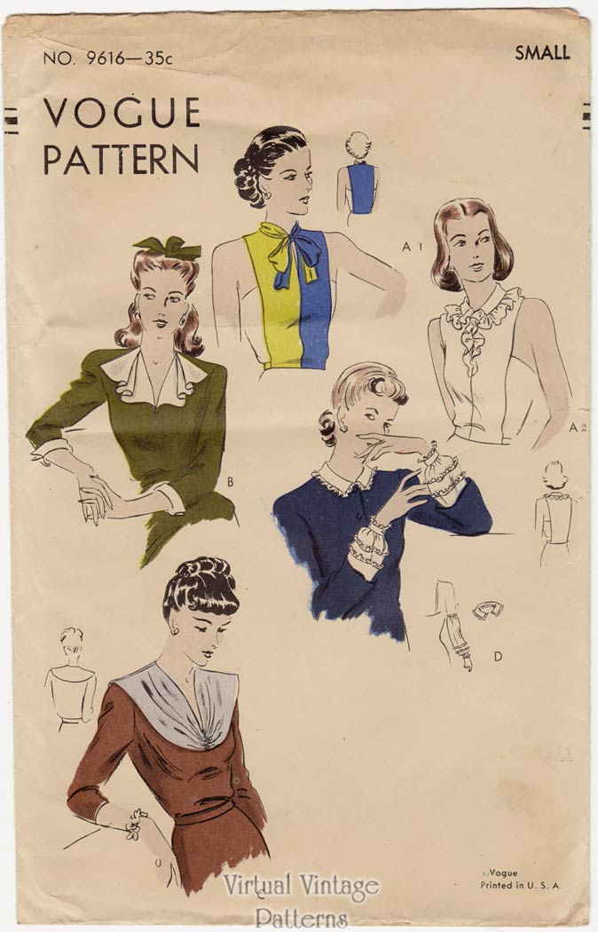 1940s Sewing Pattern Vogue 9616, Collars, Cuffs, and Dickey Patterns