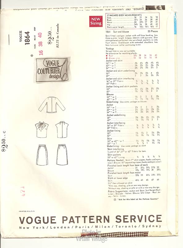 Sybil Connolly Vogue Couturier 1864, 1960s Womens Suit Pattern