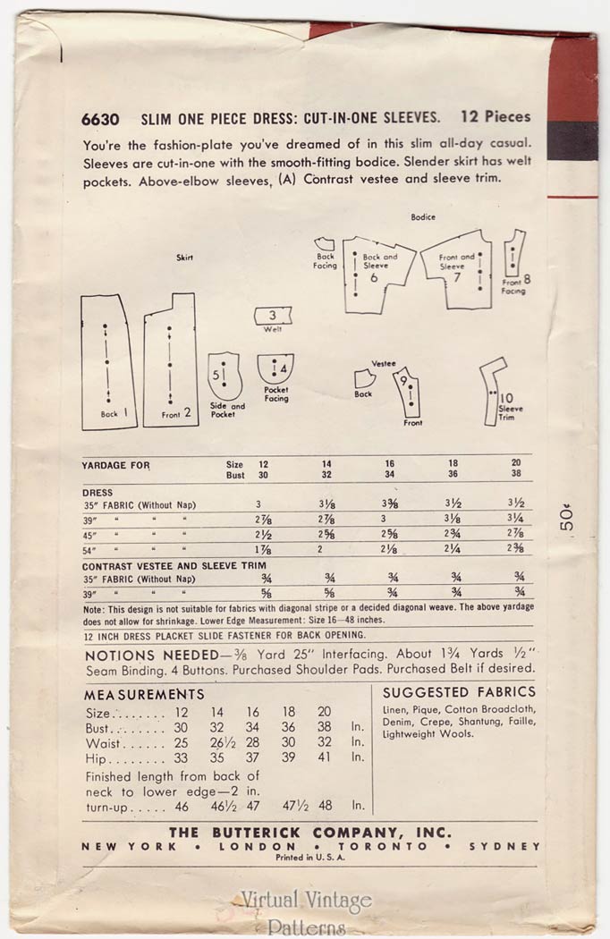 50s Sheath Dress Pattern, Butterick 6630 | Virtual Vintage