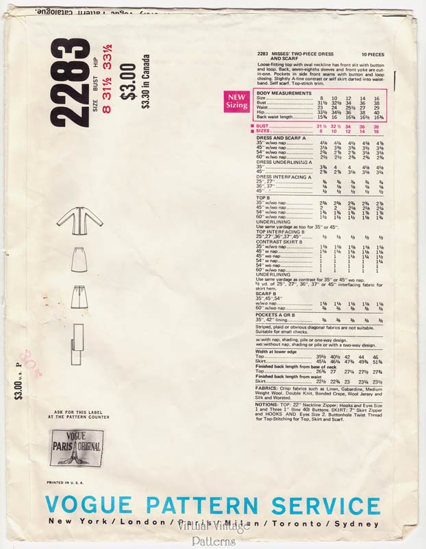 1960s Two Piece Dress Pattern with Scarf, Nina Ricci Vogue Paris ...