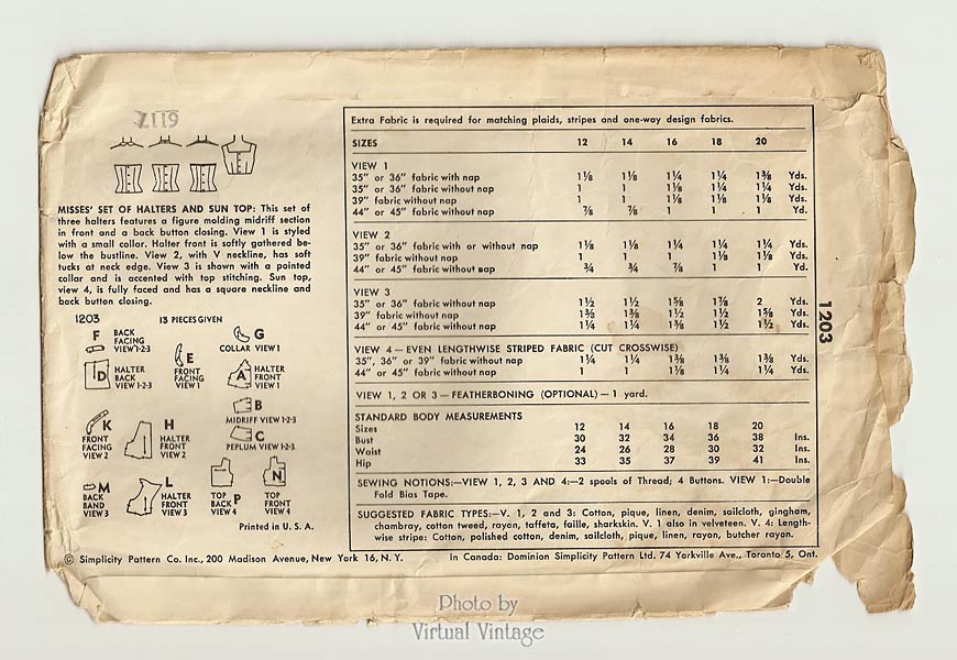Simplicity 1203, 1950s Halter Top Vintage Sewing Pattern