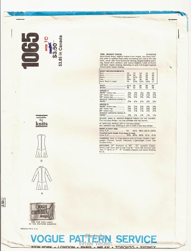1970s Fabiani Dress Pattern, Vogue Couturier 1065 | Virtual Vintage