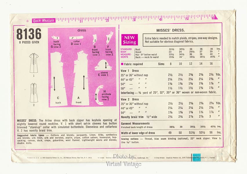 1960s Keyhole A Line Dress Pattern, Simplicity 8136 | Virtual Vintage