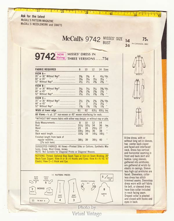 60s Knee Length A Line Dress Pattern, McCalls 9742, Vintage Sewing Patterns
