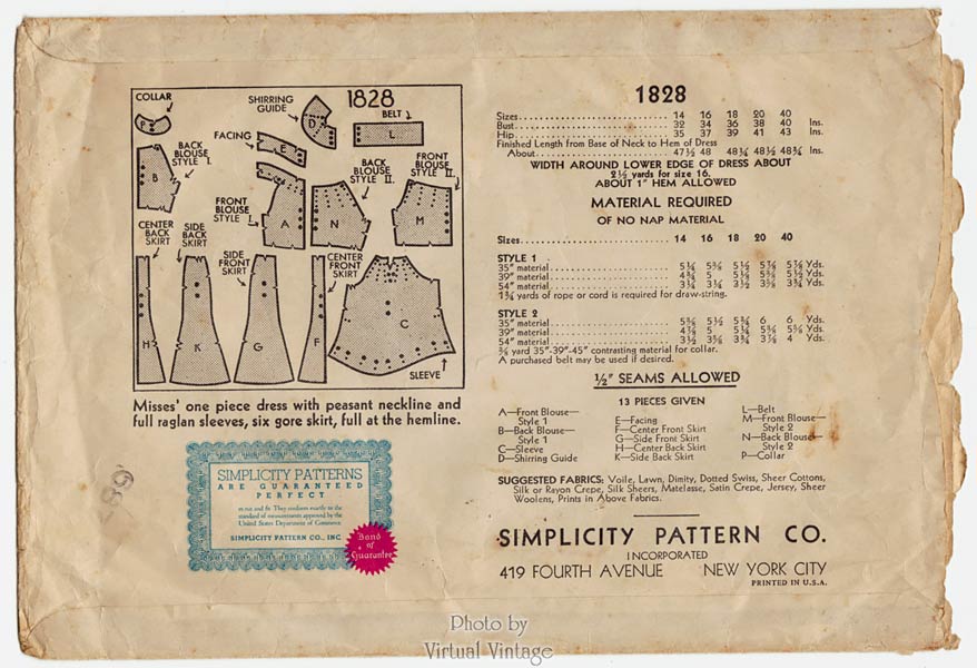 1930s Shirred Dress Pattern, Simplicity 1828, Vintage Sewing Pattern