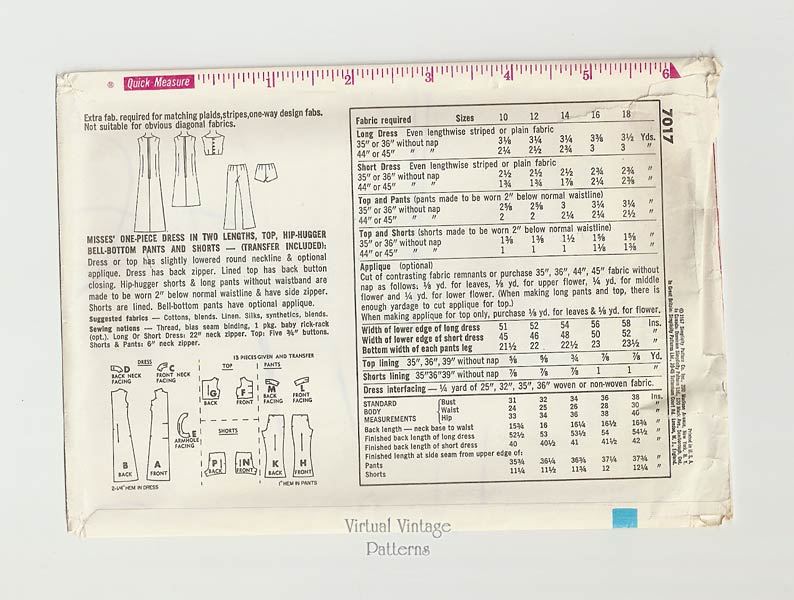 1960s Sewing Pattern, Simplicity 7017, Hip Hugger Bell Bottoms, Crop ...