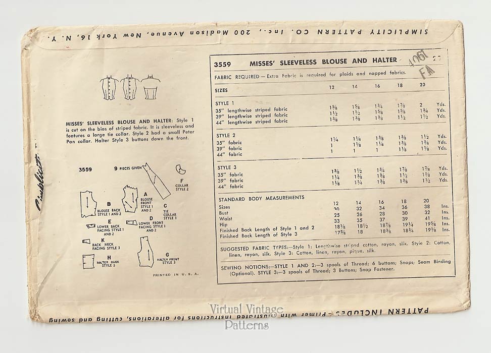1950s Halter Top Pattern Simplicity 3559, Vintage Sewing Pattern