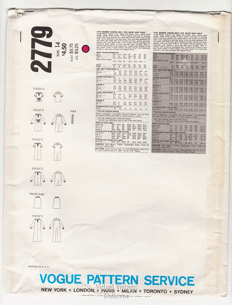 1970s Sewing Patterns, Vogue Basic Design 2779, Dress, Belt, Top, Skirt ...