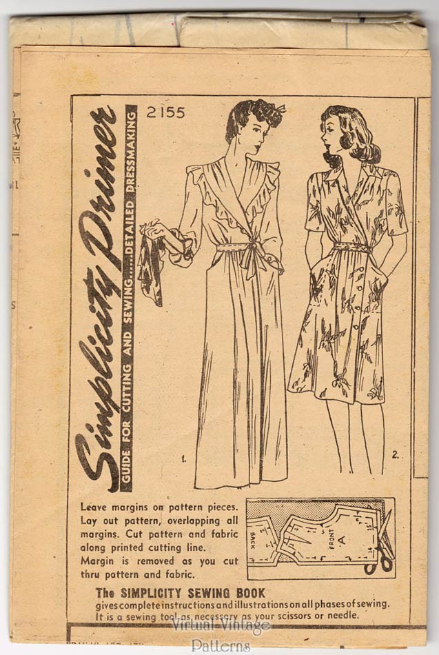 1940s House Dress and Housecoat Pattern, Simplicity 2155, Vintage ...