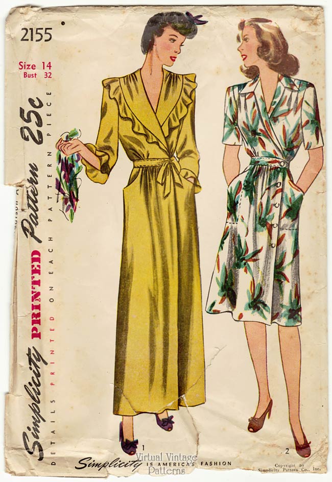 1940s House Dress and Housecoat Pattern, Simplicity 2155, Vintage ...