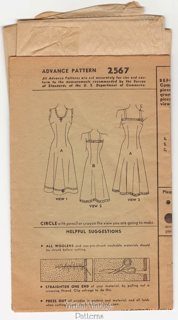 1940s Vintage Slip Pattern, Advance 2567, Lingerie Sewing Pattern