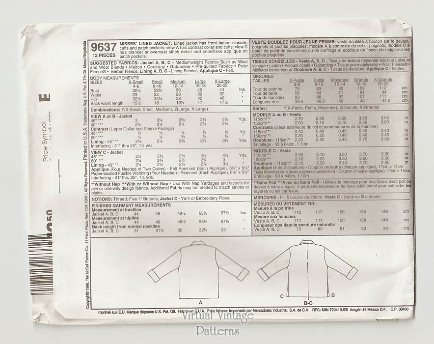 Womens Jacket Sewing Pattern, McCalls 9637, Sizes 16 18 20 22