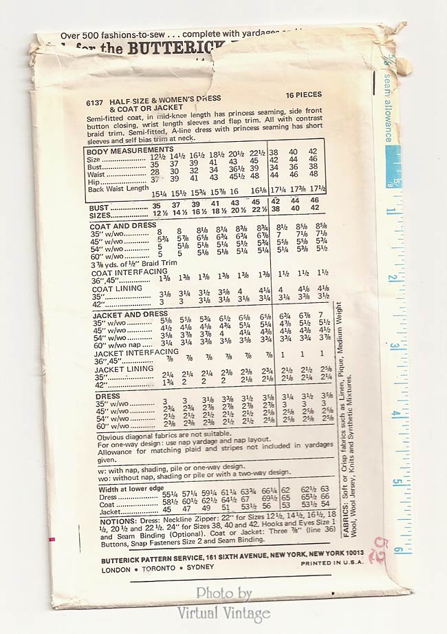 Princess Seam Coat & Dress Patterns, Butterick 6137 | Virtual Vintage