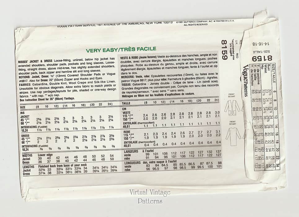 Very Easy Very Vogue 8159, Jacket & Shift Dress Sewing Pattern, Sizes ...