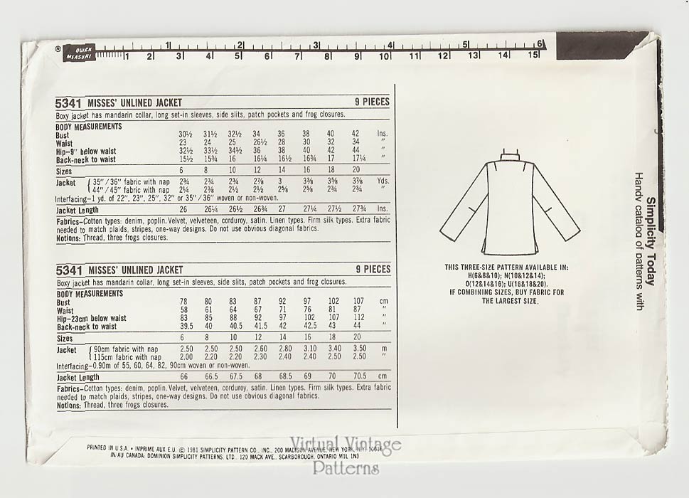 Mandarin Jacket Pattern, Simplicity 5341, Vintage Sewing Pattern
