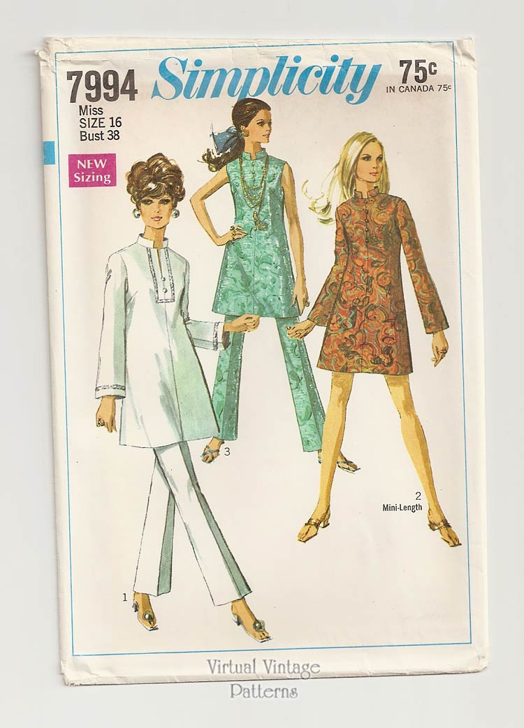1960s Mini Dress Pattern, Simplicity 7994, Tunic & Bell Bottoms or Dress