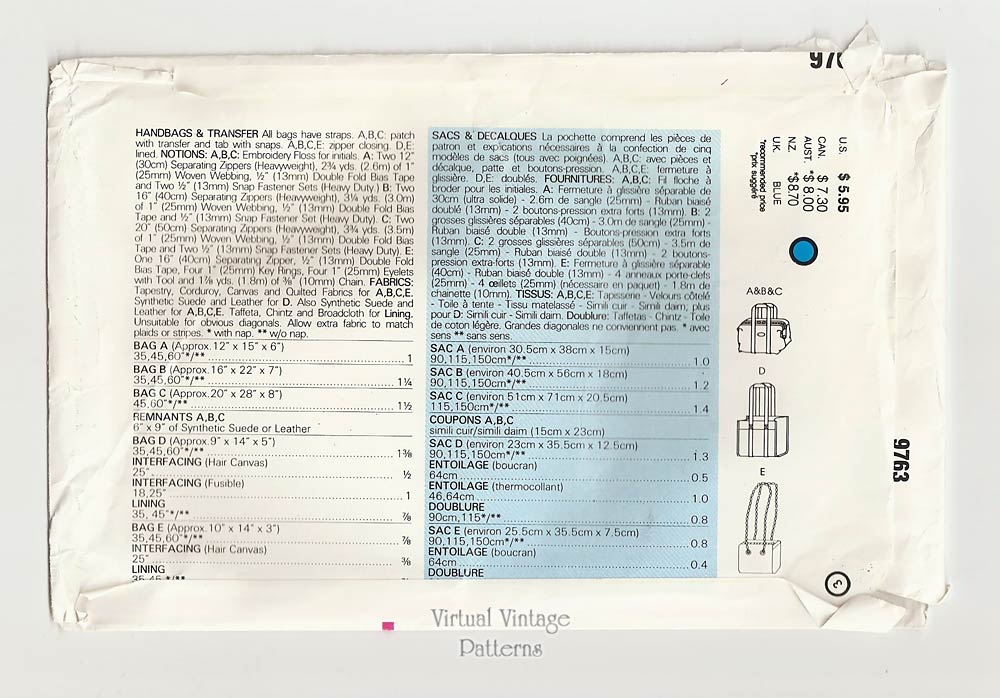 Vogue 9763 Handbag Pattern, Duffle Bags, Tote Bag Sewing Pattern