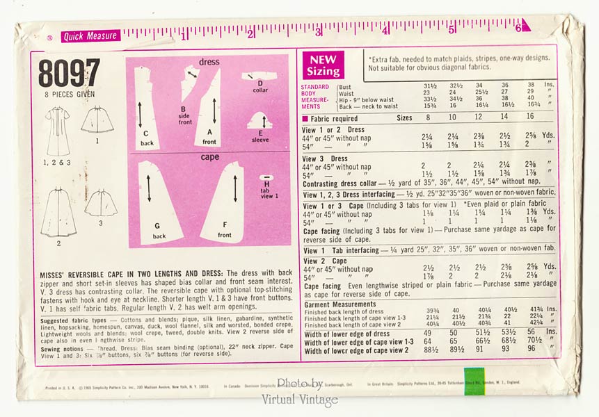 Reversible Cape Pattern, Simplicity 8097, A Line Dress & Capes, Bust 34