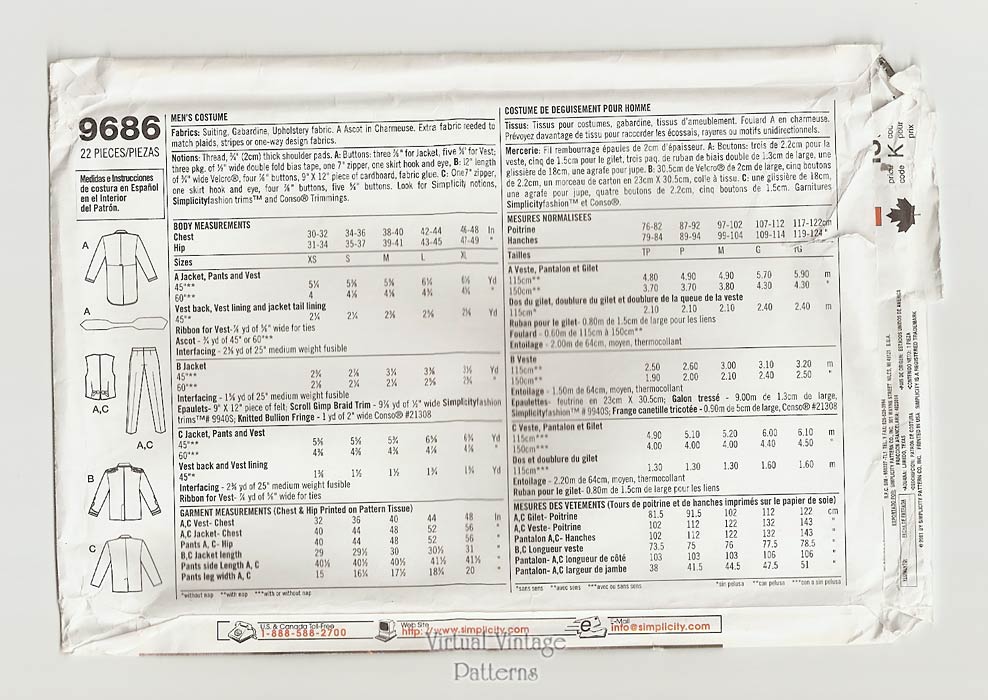 Simplicity 9686, Mens Stage Costume Pattern, XS to XL, Uncut