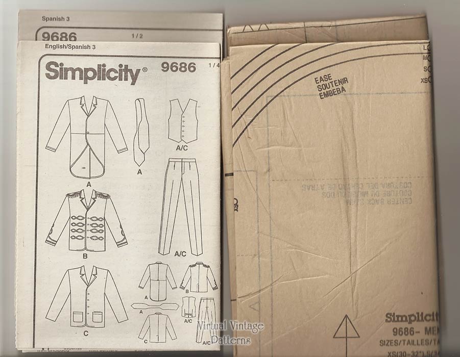Simplicity 9686, Mens Stage Costume Pattern, XS to XL, Uncut