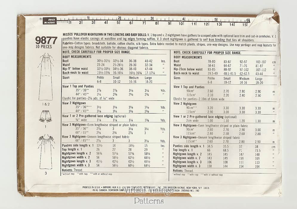 Babydoll Nightgown Pattern, Simplicity 9877, Long or Short Gowns, Bust ...