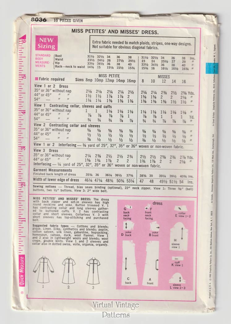 1960s Petite A Line Dress Pattern, Simplicity 8036, Bust 38