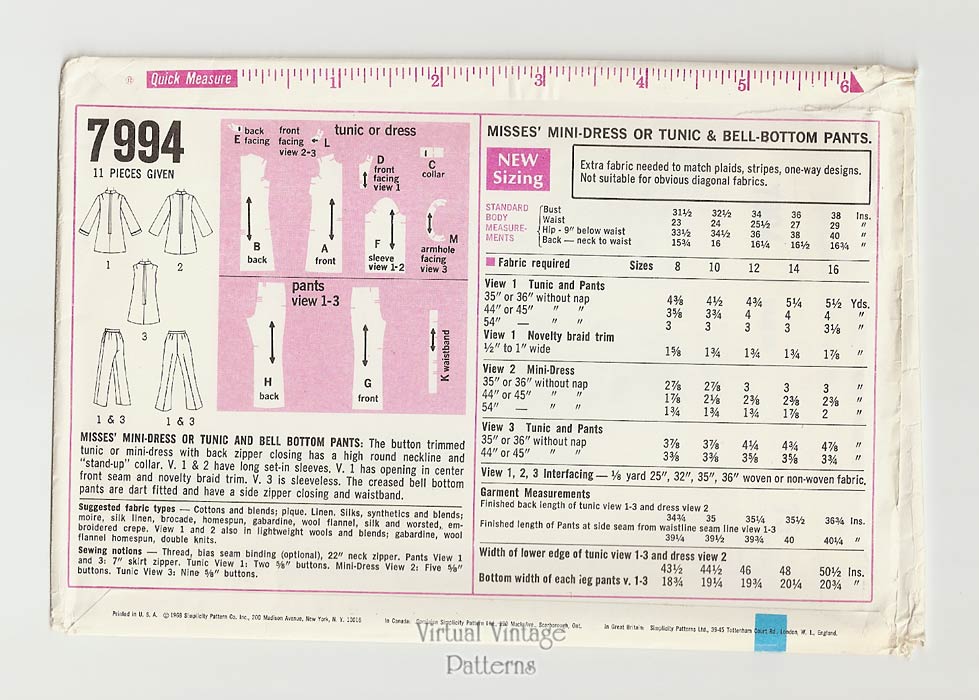 1960s Mini Dress Pattern, Simplicity 7994, Tunic & Bell Bottoms or Dress