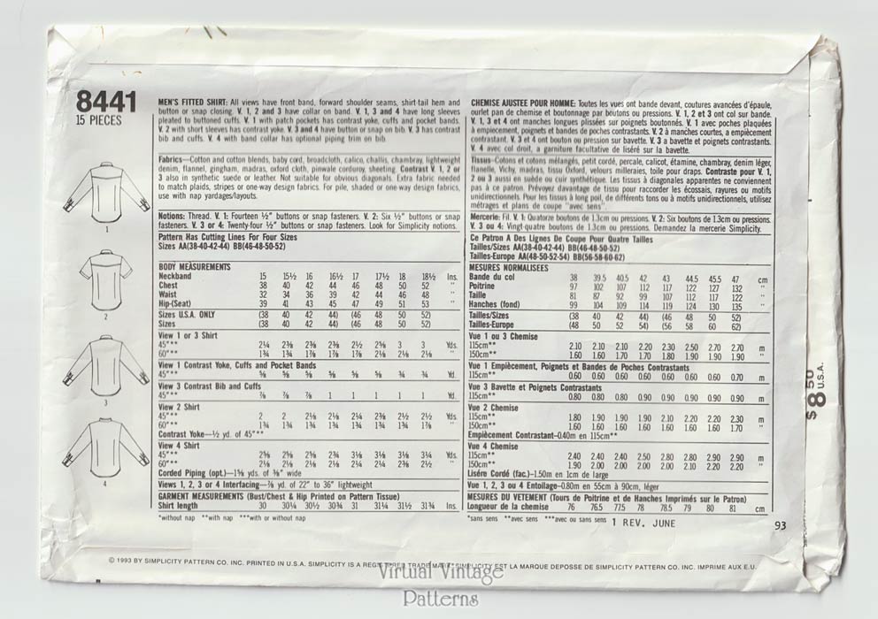 Mens Fitted Western Shirt Sewing Pattern, Simplicity 8441