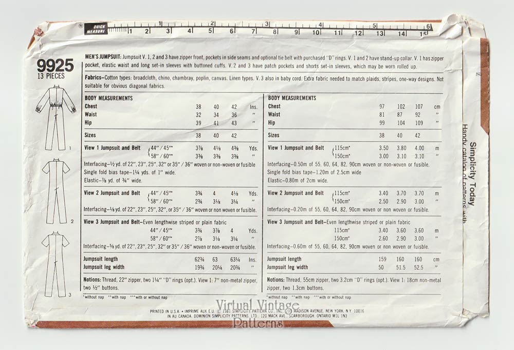 Men's Jumpsuit Sewing Pattern, Simplicity 9925, Size 40