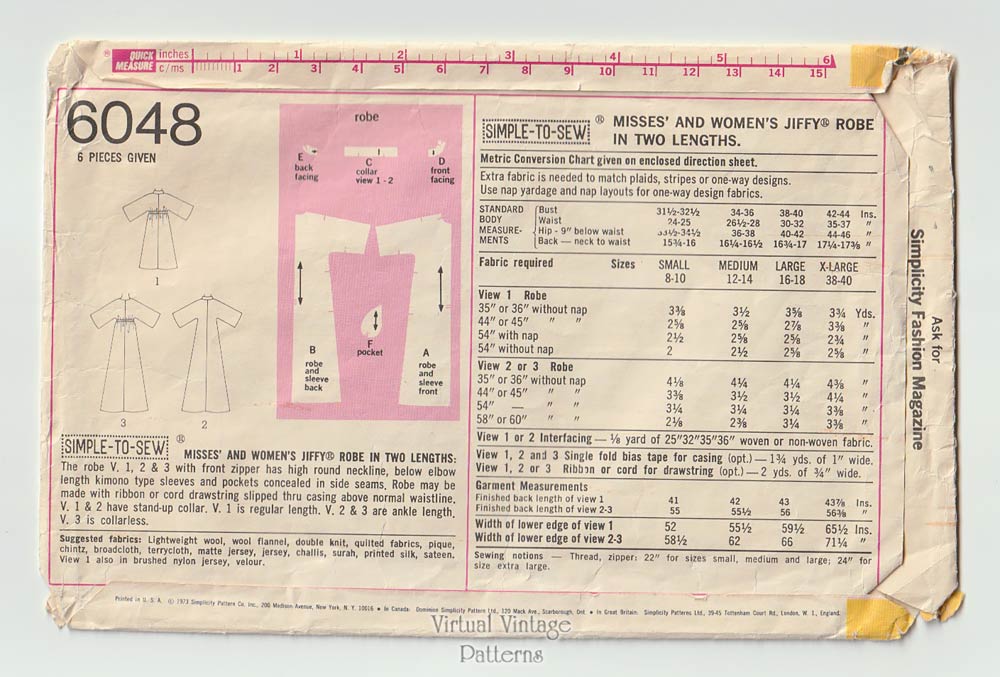 Womens Robe Sewing Pattern, Simplicity 6048, Bust 34 to 36