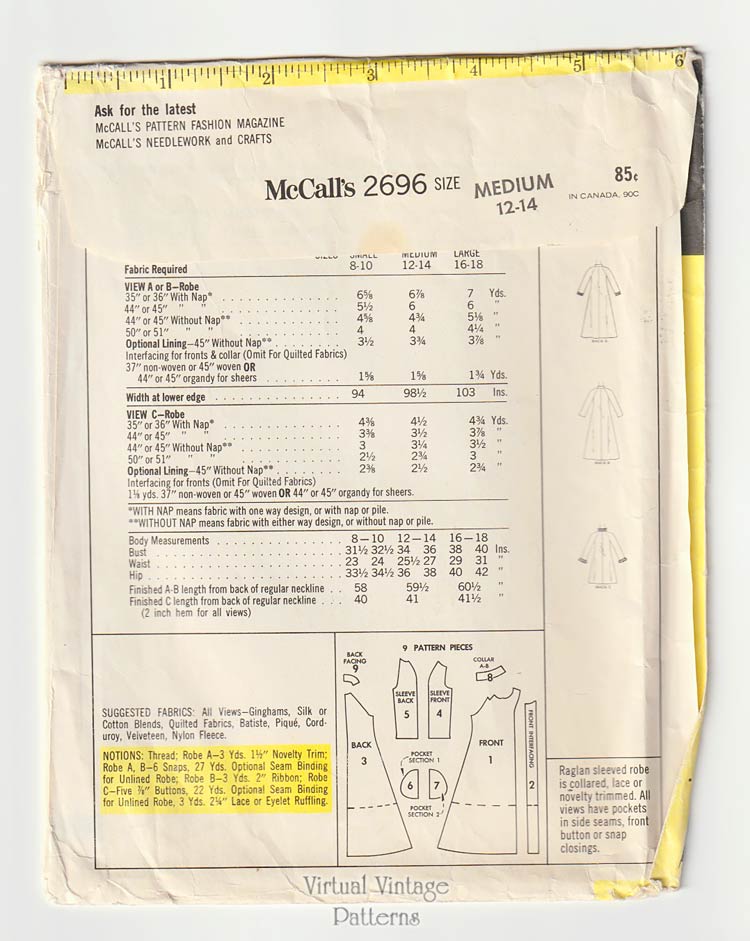 Womens Robe Sewing Pattern, McCalls 2696, Bust 34 36