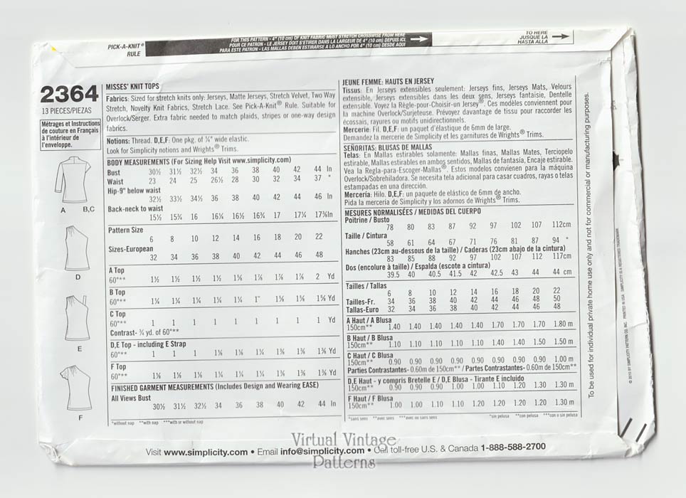 Womens Pullover Knit Top Pattern, Simplicity 2364, 14 to 22