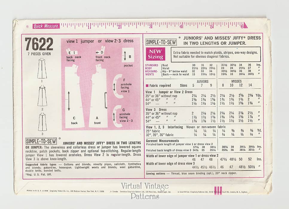 Mini Jumper Dress Pattern, Simplicity 7622, Bust 32 1/2