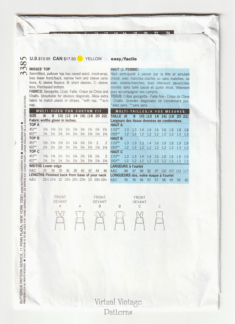 Easy Pullover Top Pattern, Butterick 3385, 12 14 16