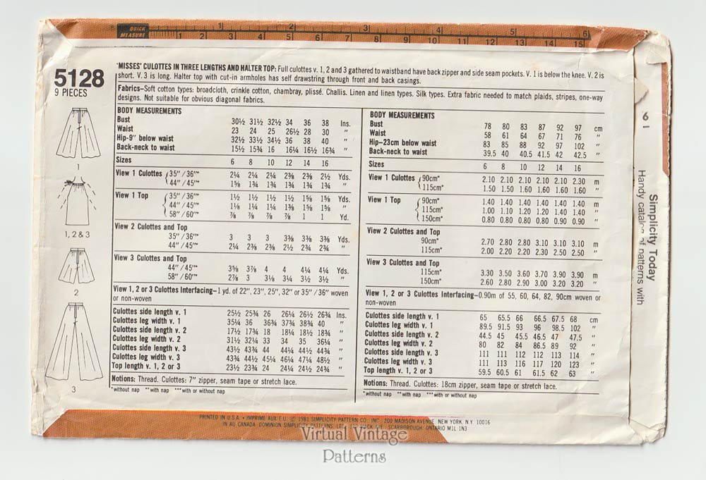 Halter Top & Culottes Pattern, Simplicity 5128, 10 12 14