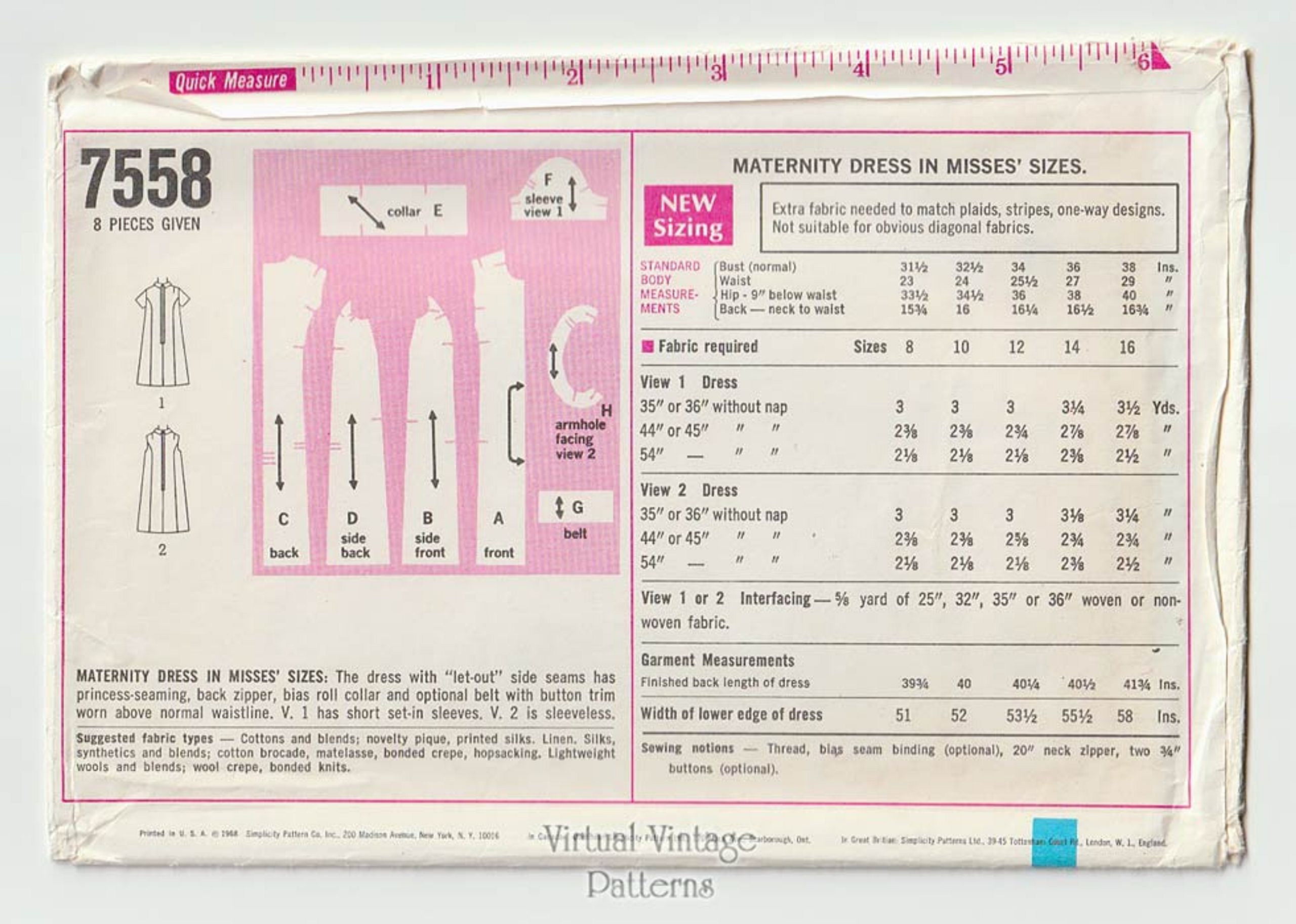 Sleeveless Maternity Dress Pattern, Simplicity 7558, Bust 34