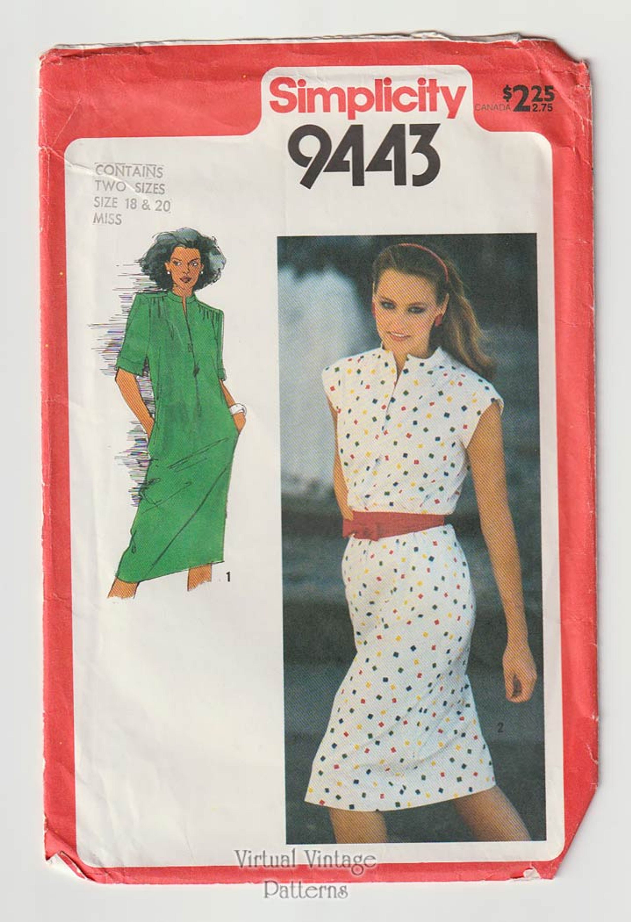 1980s Dress Sewing Pattern, Simplicity 9443, 18-20