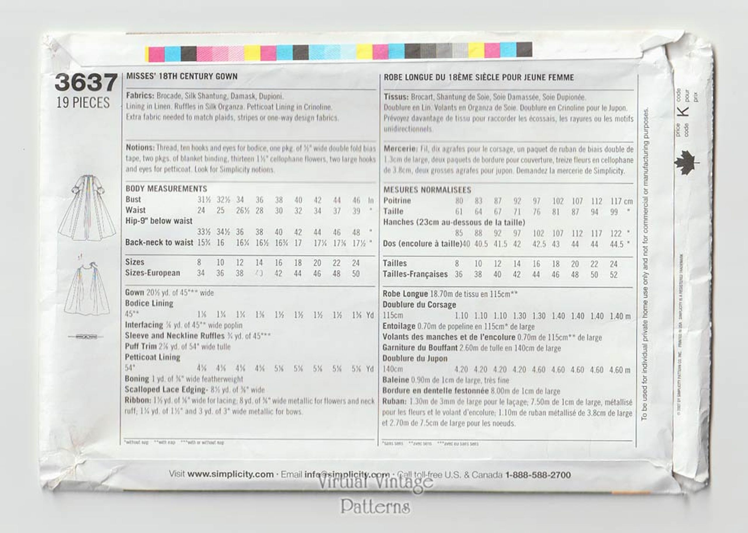 Simplicity 3637, 18th Century Ballgown Sewing Pattern