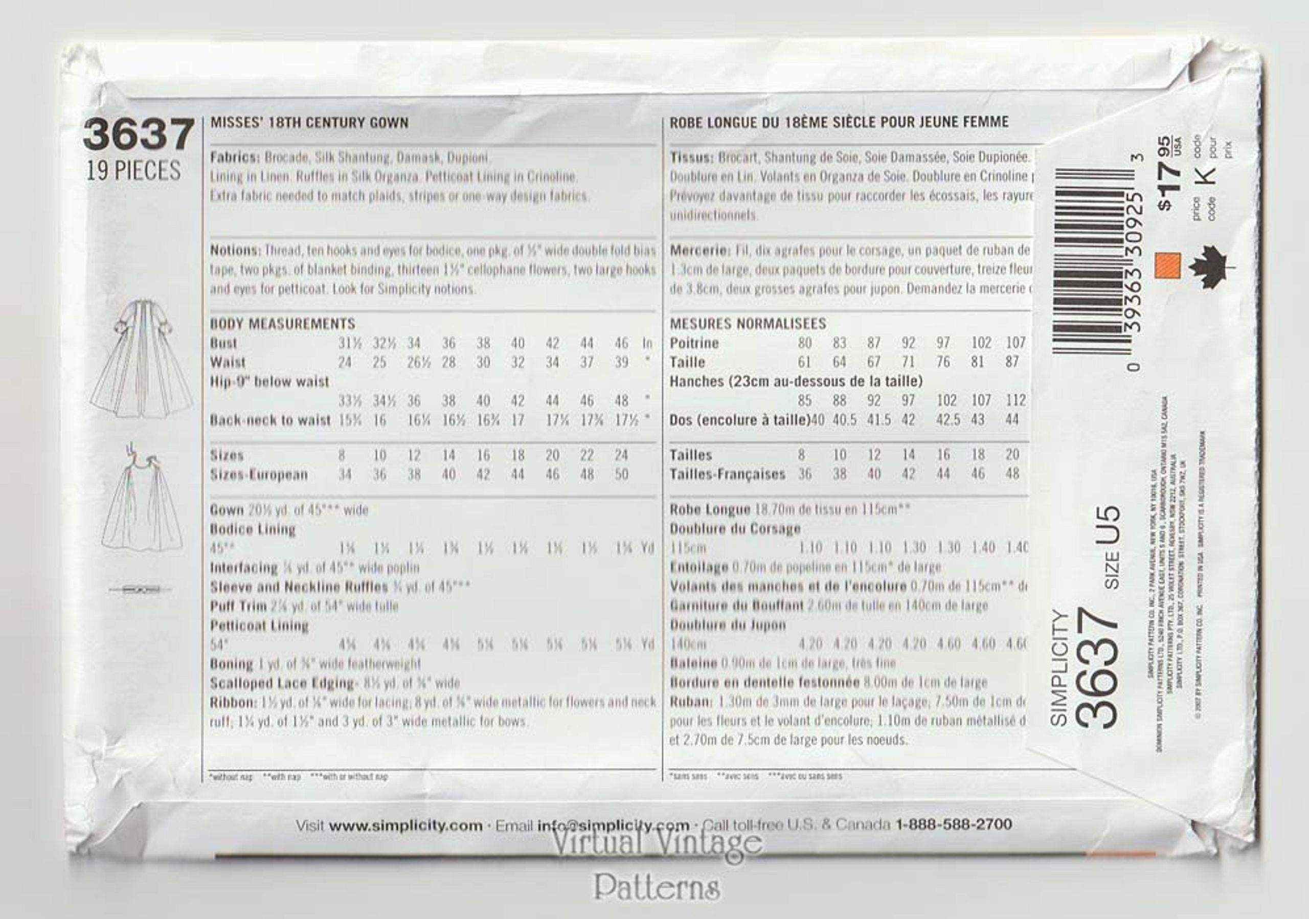 Simplicity 3637, 18th Century Ballgown Sewing Pattern