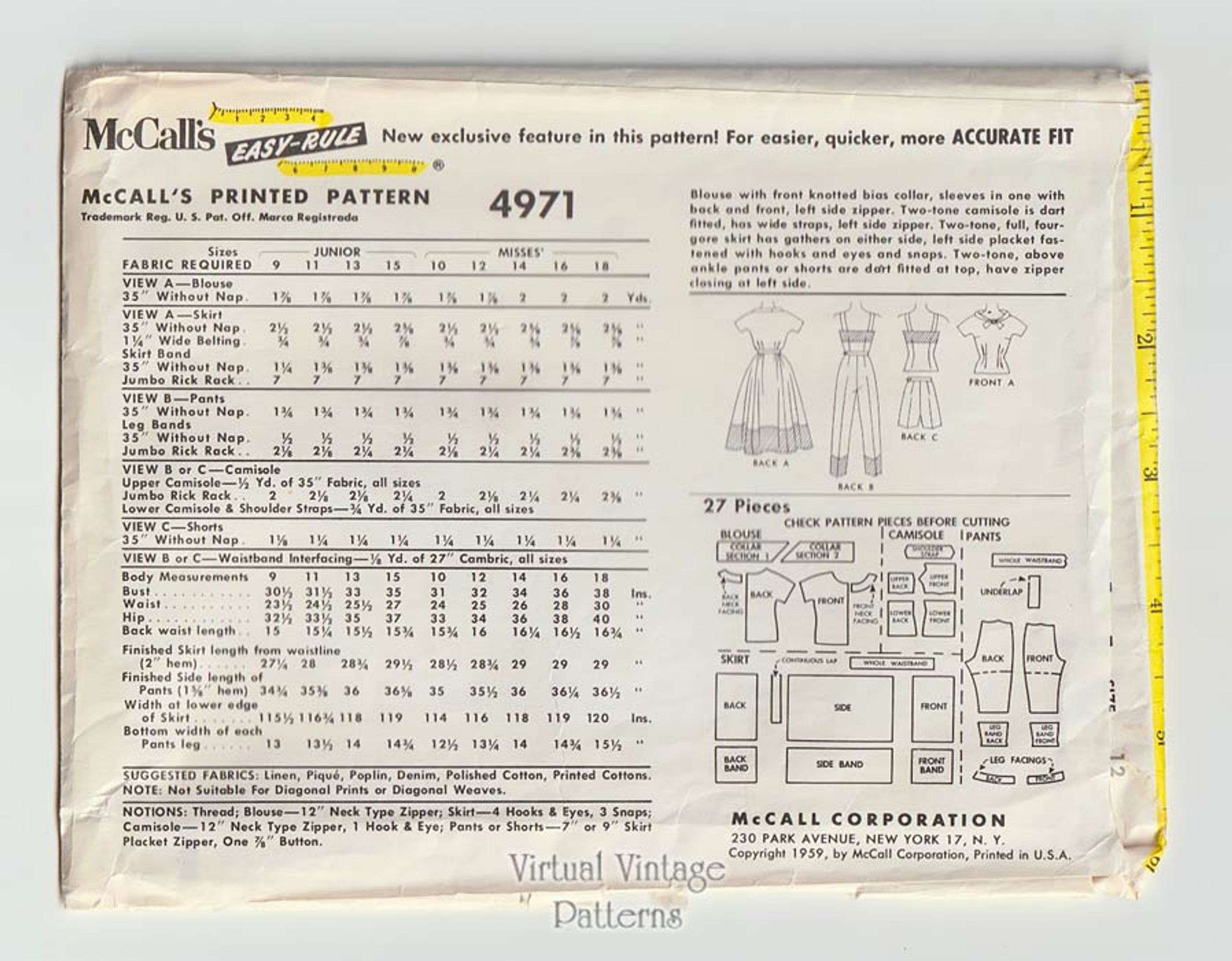 Vintage Sewing Pattern, McCall's 4971, Blouse, Skirt, Camisole, Pants ...