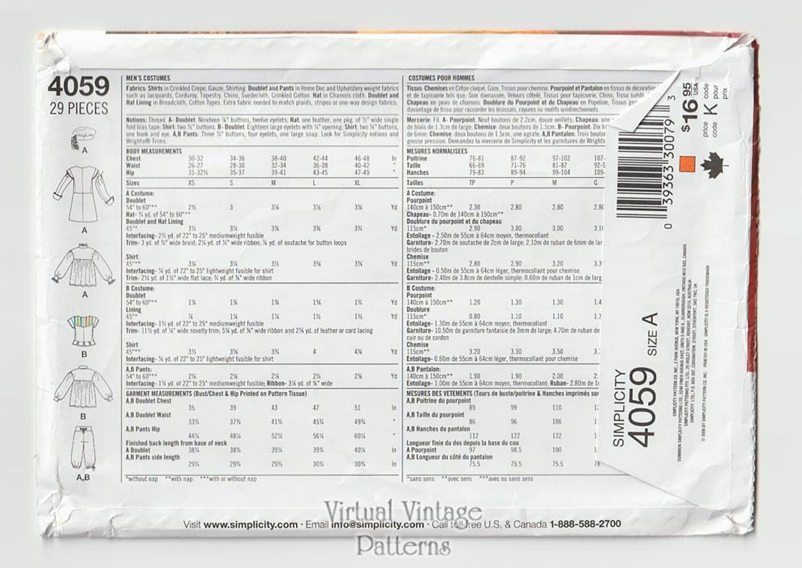 Simplicity 4059, Men's Renaissance Costume Pattern, XS-XL