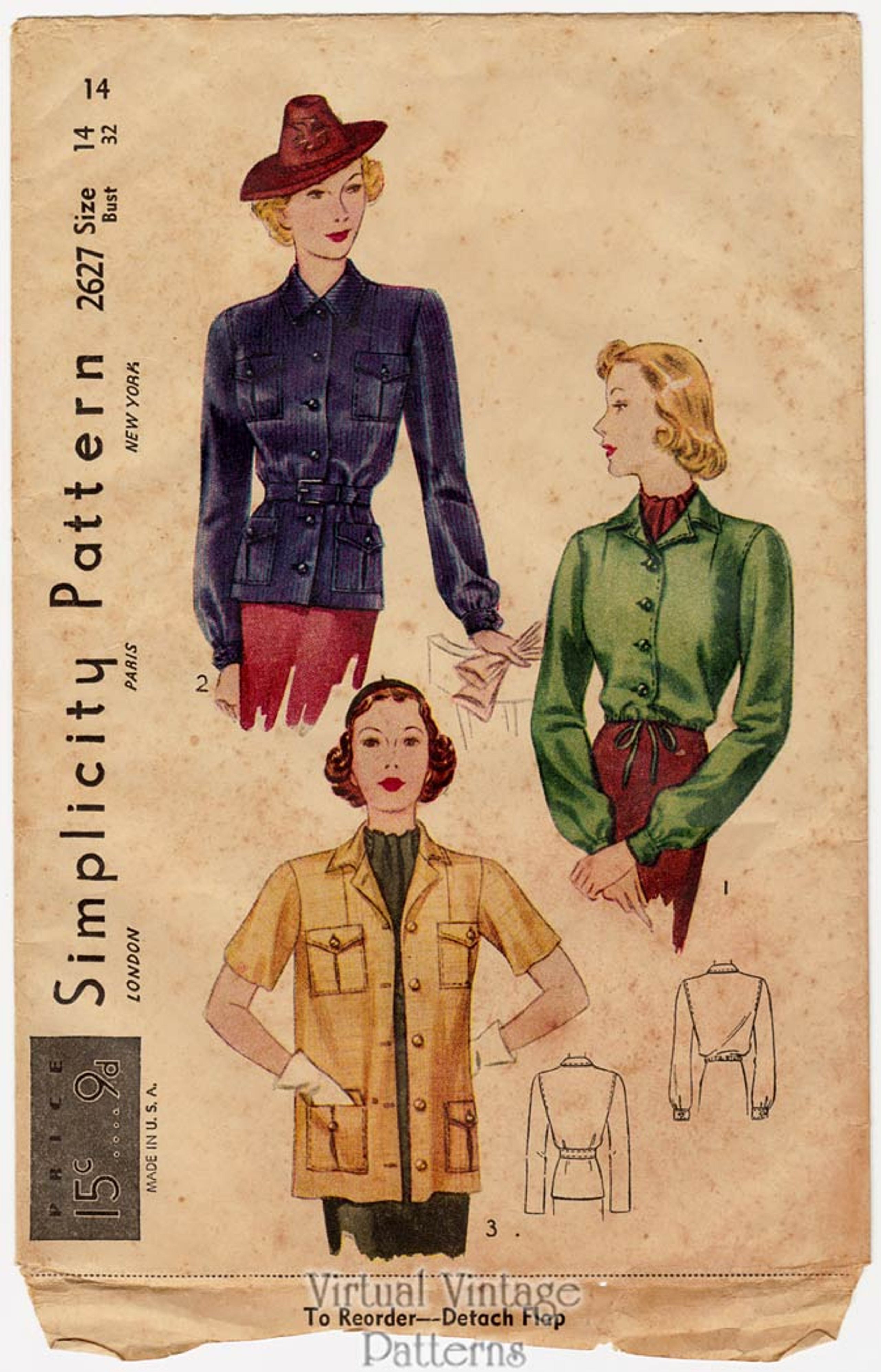 1930s Blouse Sewing Pattern, Simplicity 2627