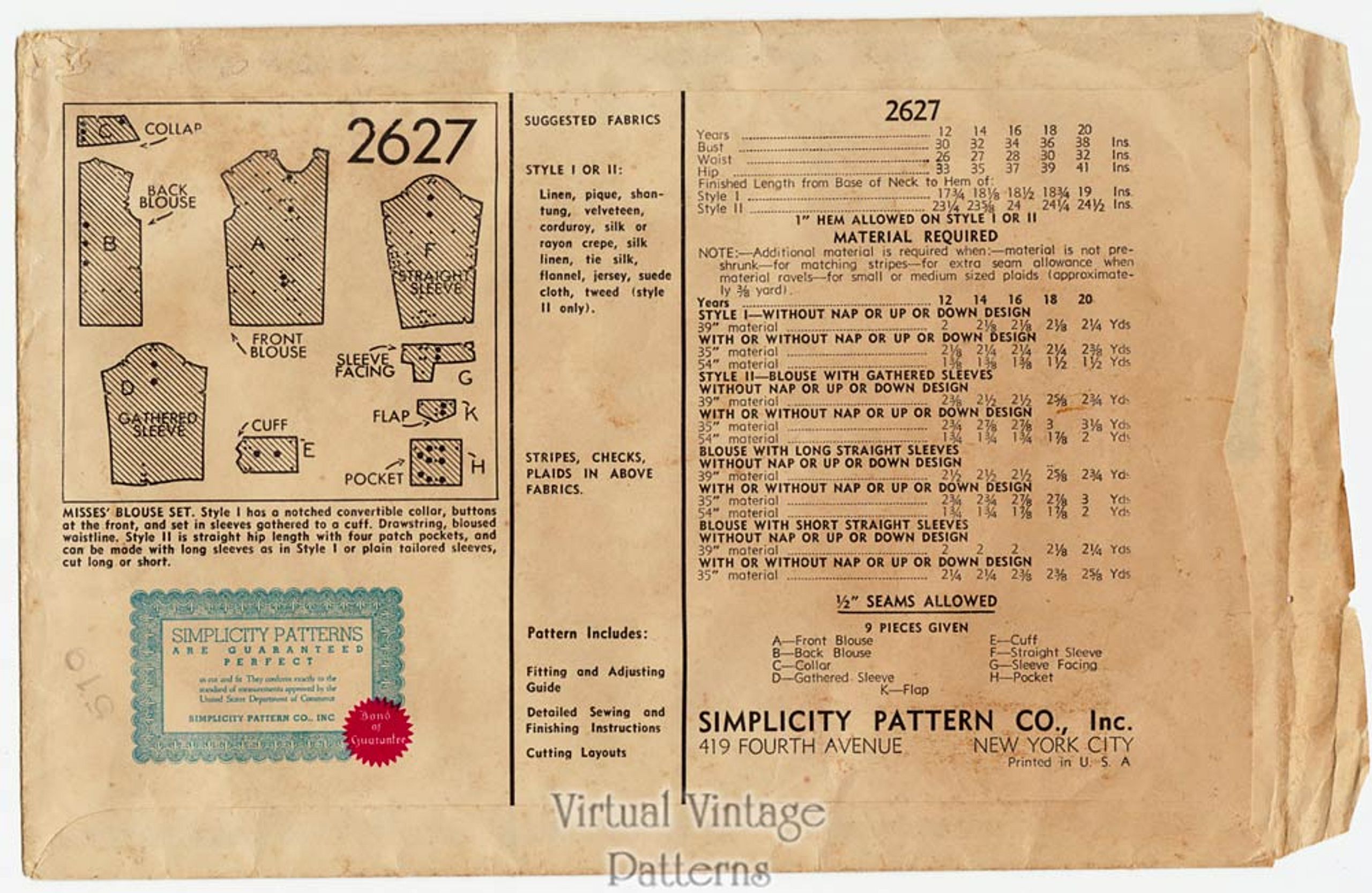 1930s Blouse Sewing Pattern, Simplicity 2627